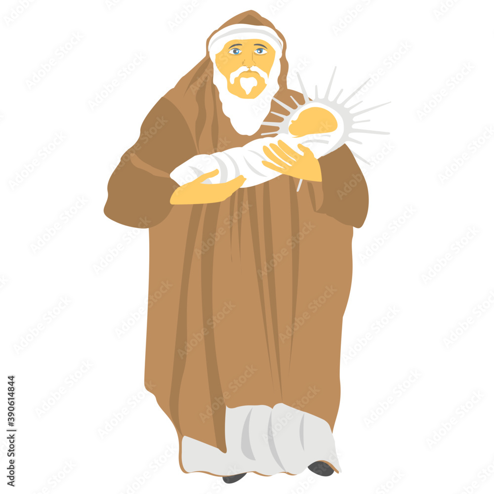 An old man wearing traditional dress with baby jesus in his arms is the ...