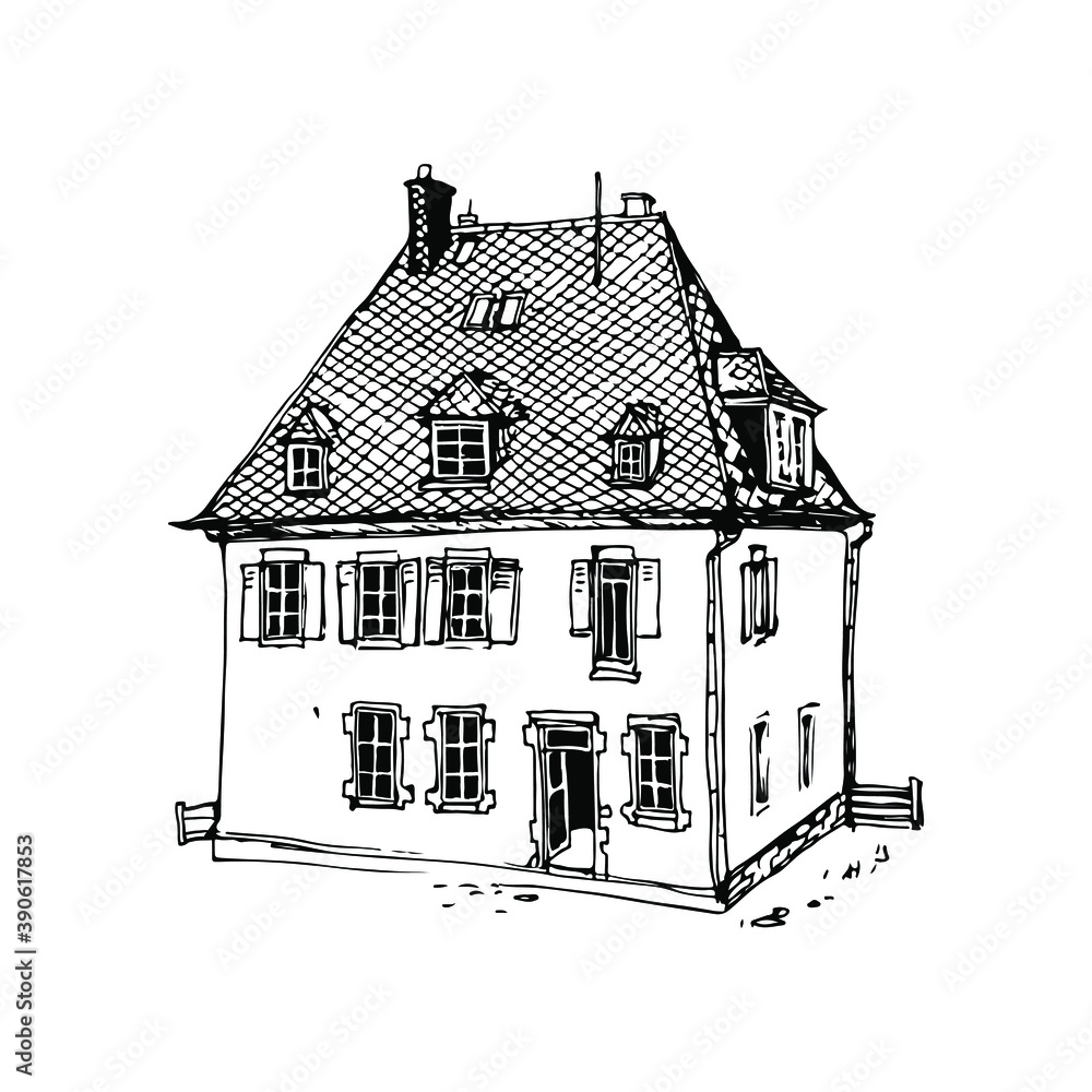 Cute old house exterior. Vintage European architecture building. Hand ...