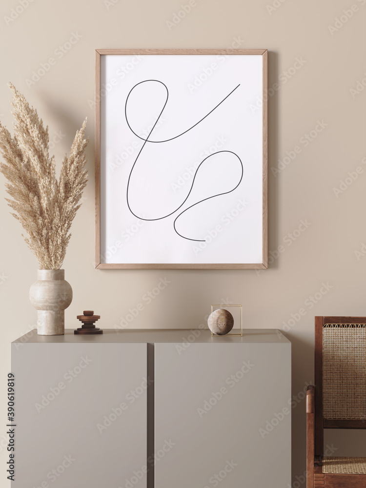 3d render of a modern beige mockup interior with wooden frame on an ...