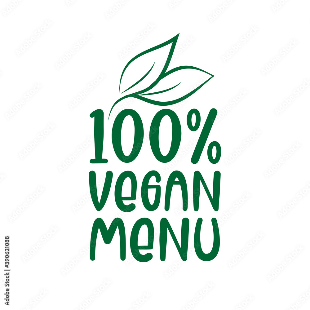100% Vegan Menu -logo green leaf label for premium quality, locally ...