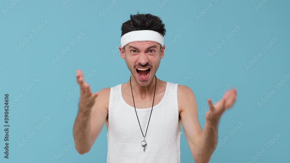 Perplexed irritated young fitness man with thin skinny body sportsman ...