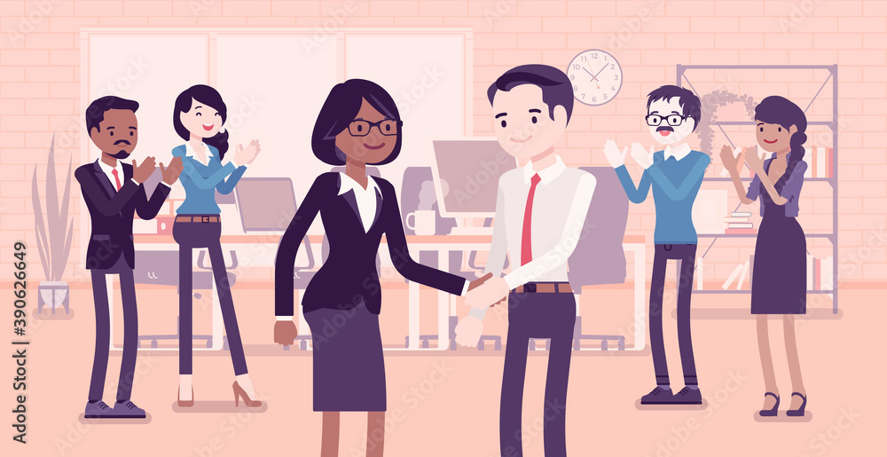 Employee of month, announcement and office boy awarding. Company worker ...