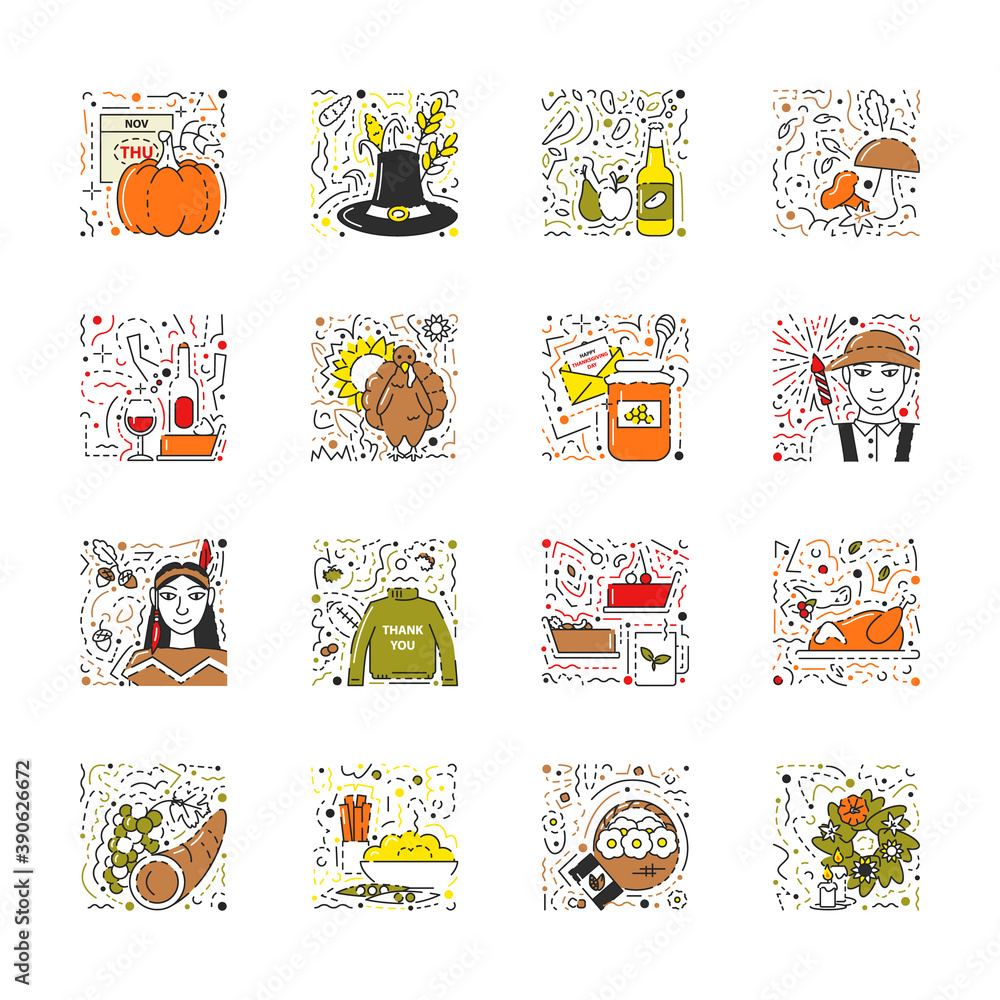 Vector flat linear icon set of thanksgiving day. Collection of American ...