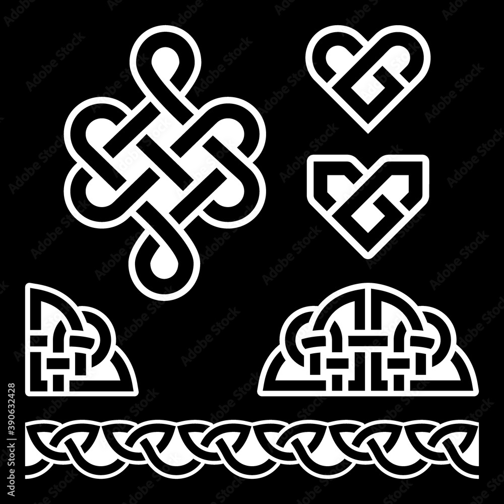 Irish Celtic braids and knots vector pattern set, Celtic hearts ...