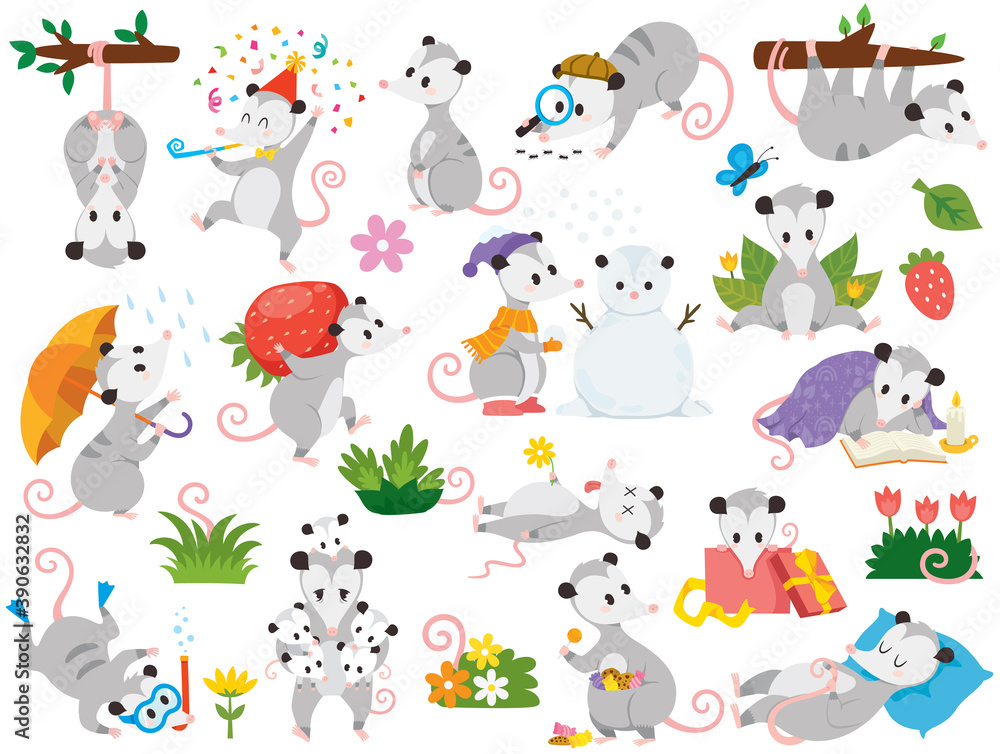 Possum clipart set. Cute cartoon possum characters in various poses ...