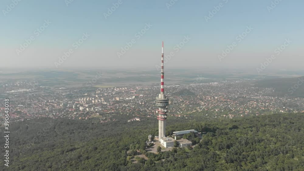 Birdseye view of the Pécs TV Tower. Pécs is the fifth largest city of ...