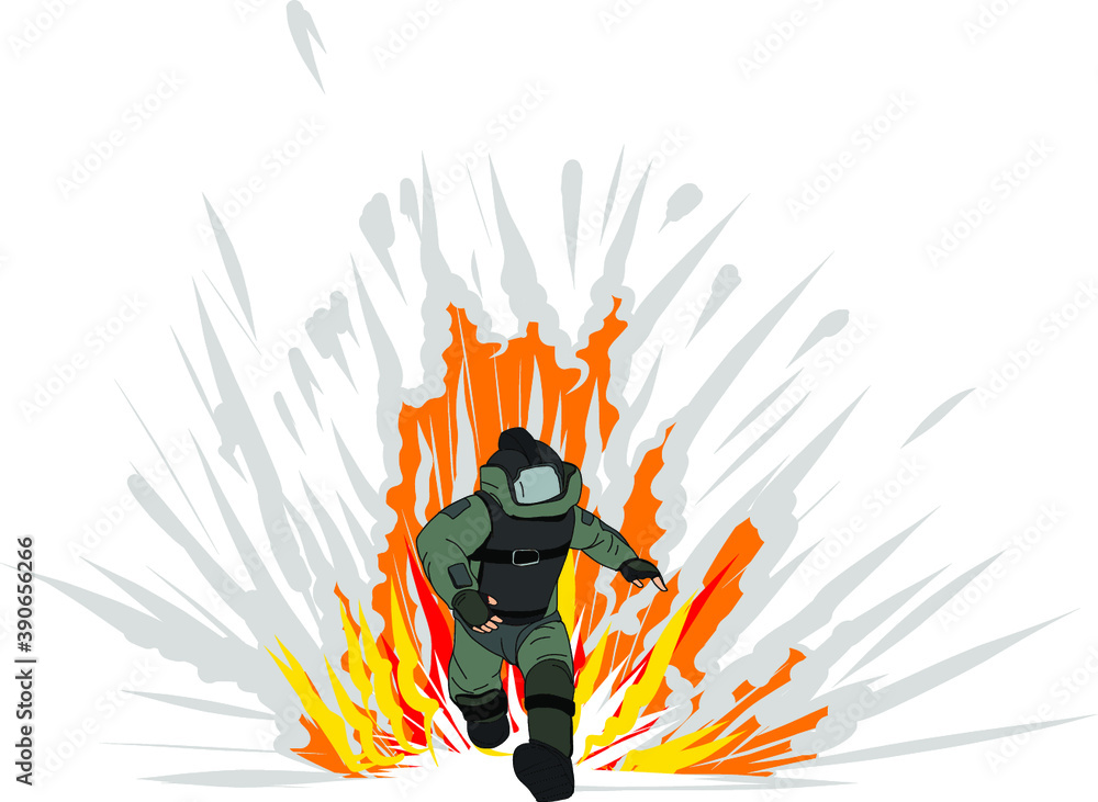 Hand drawn a bomb suit must protect all parts of the body, Soldier in ...