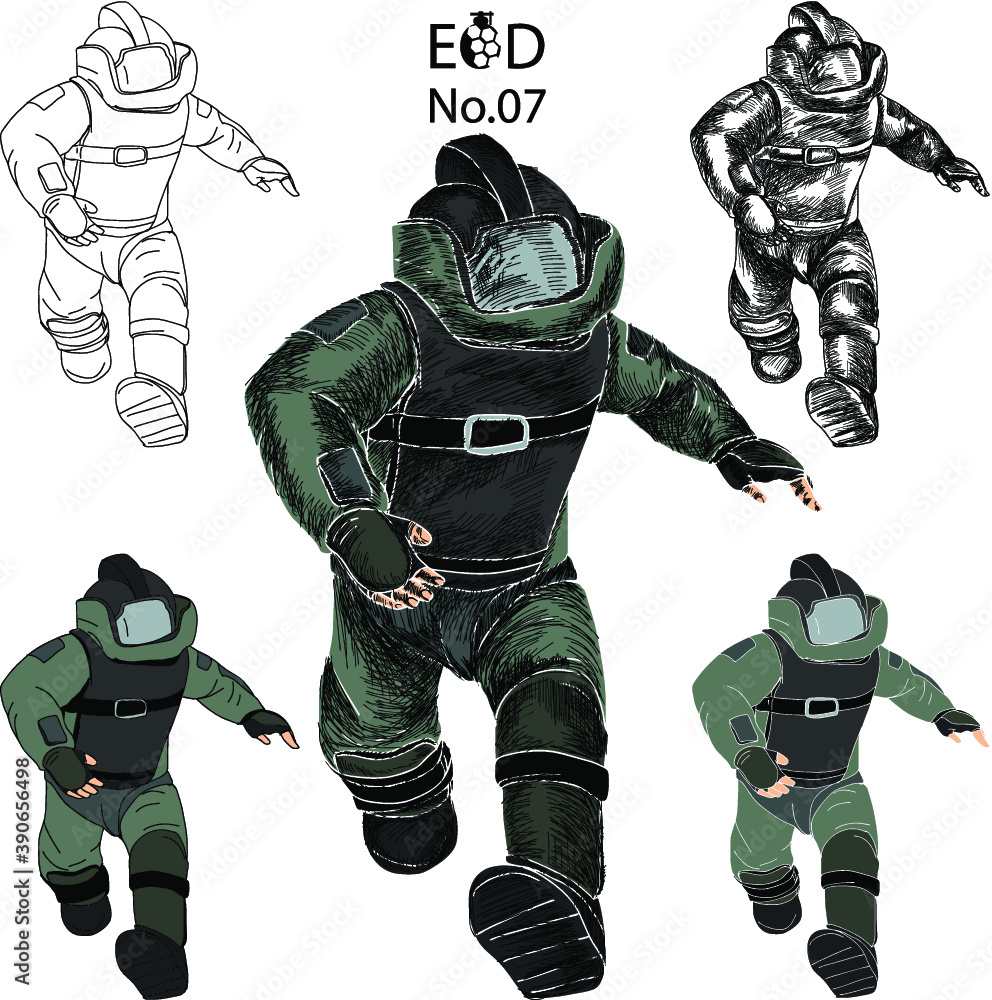 Hand drawn a bomb suit must protect all parts of the body, Soldier in ...