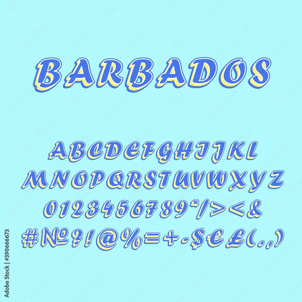 Barbados vintage 3d vector alphabet set. Retro bold font, typeface. Pop ...