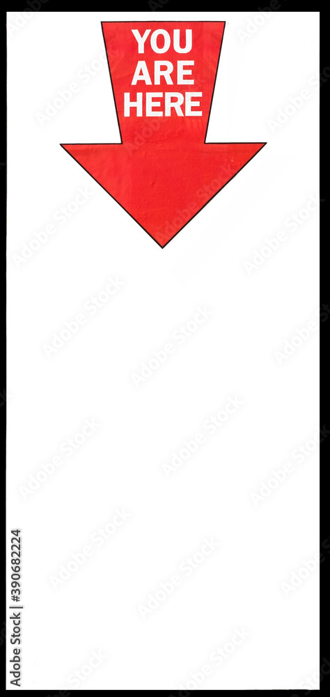 YOU ARE HERE sign with red arrow. Copy space. Vertical. Stock Photo ...