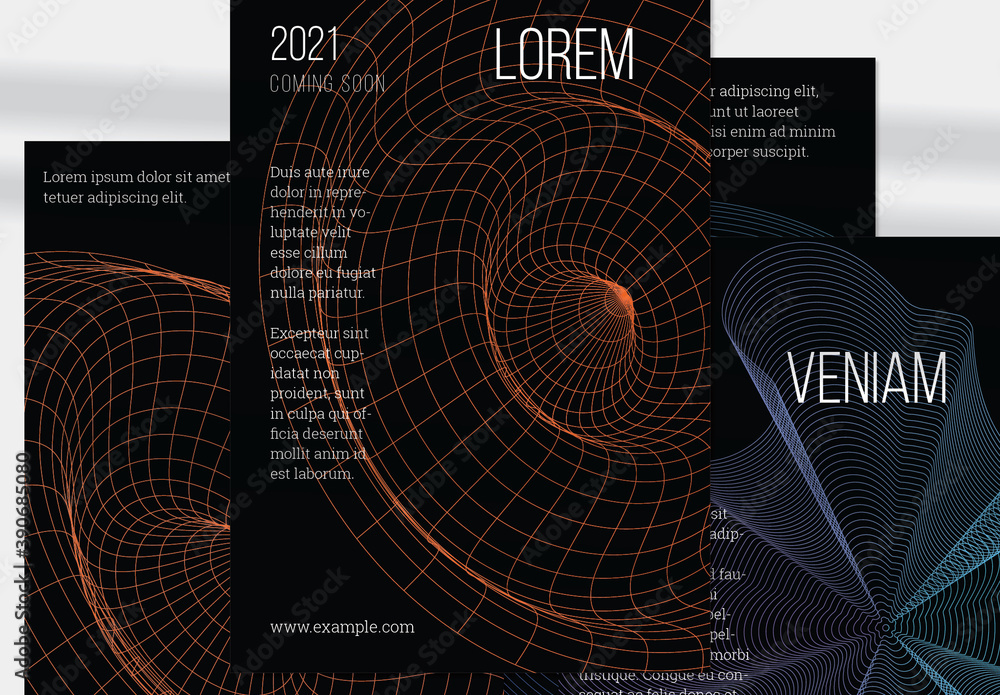 Flyer Layout with Geometric Wireframe Shapes on Black Stock Template ...
