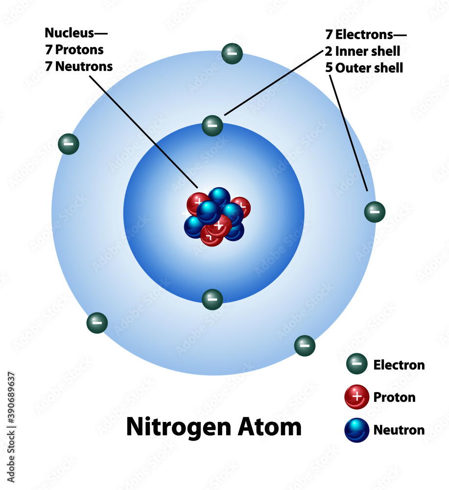 Molecular structure of nitrogen. Electrons, protons, and neutrons are ...