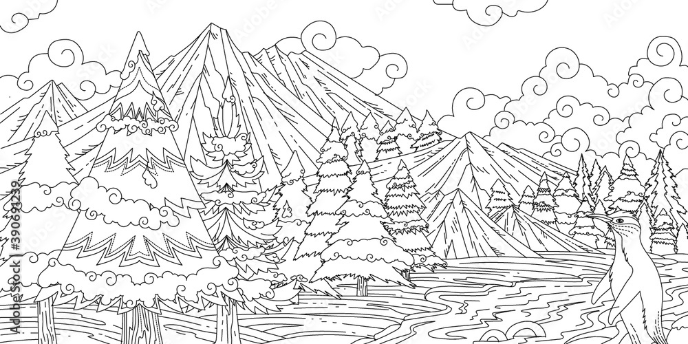 Outline Hand Drawn Forest at WInter Adult Coloring Stock Vector | Adobe ...