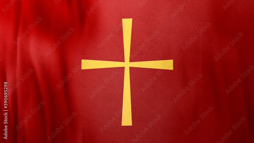 Golden Christian Cross on liturgic red velvet cloth copy space. 3D ...