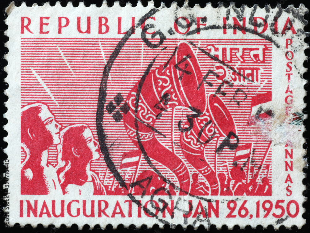 Old stamp celebrating the birth of Indian Republic Stock Photo | Adobe ...