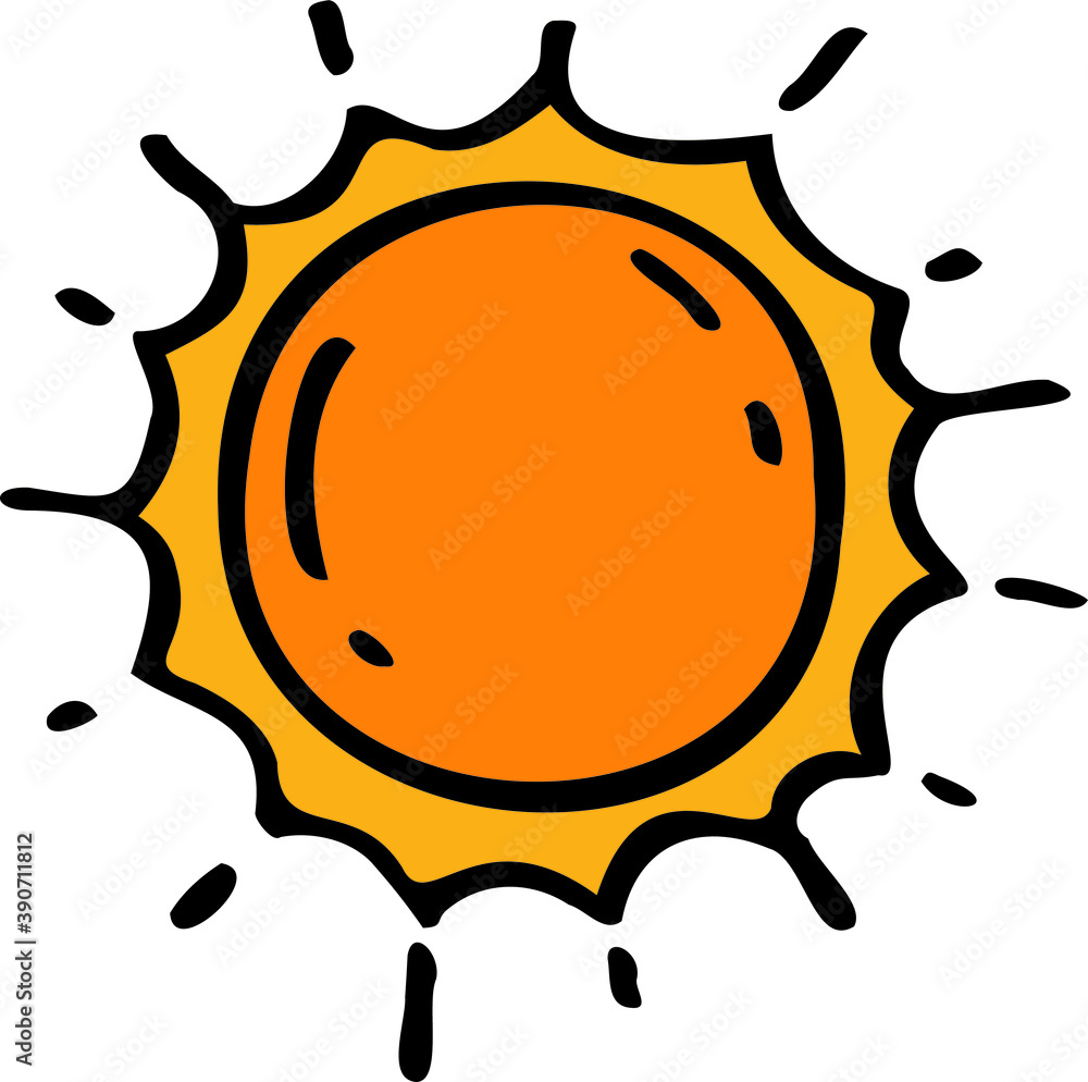 Yellow round sun, children's style drawing with rays and sticks. Icon ...