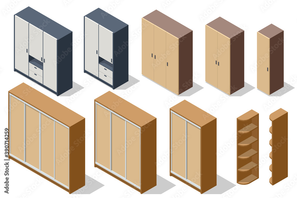 Isometric various elements wooden wardrobes isolated on white ...