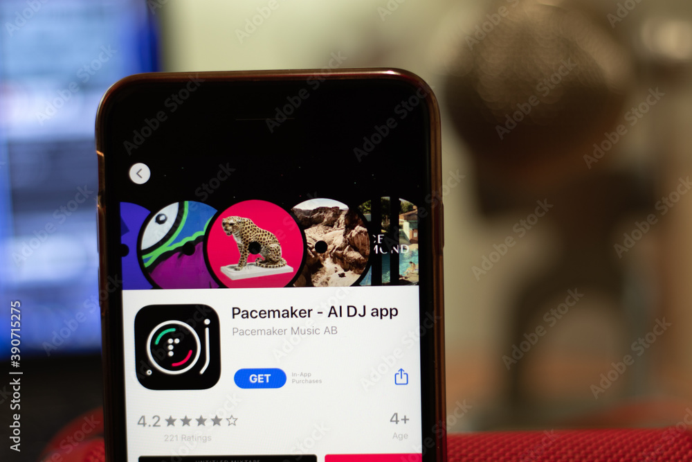 Los Angeles, California, USA - 16 April 2020: Pacemaker AI DJ logo on screen close up. App store ...