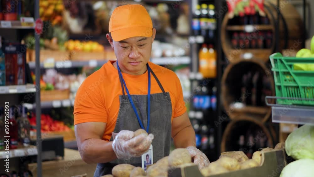 Vidéo Stock Portrait of positive chinese store assistant workman ...