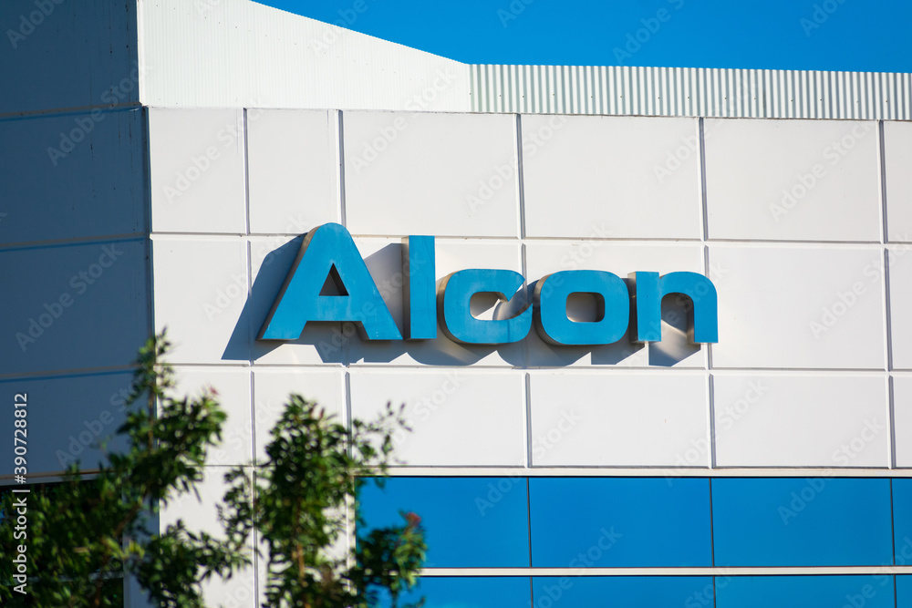 Alcon sign on Alcon Laboratories campus building. Alcon Laboratories is ...