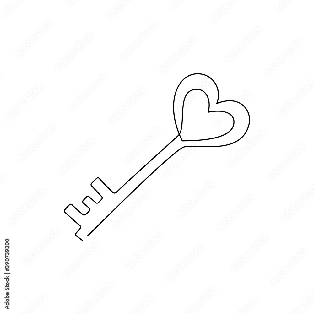 Continuous line drawing. Heart shaped key. Love concept. Black isolated ...