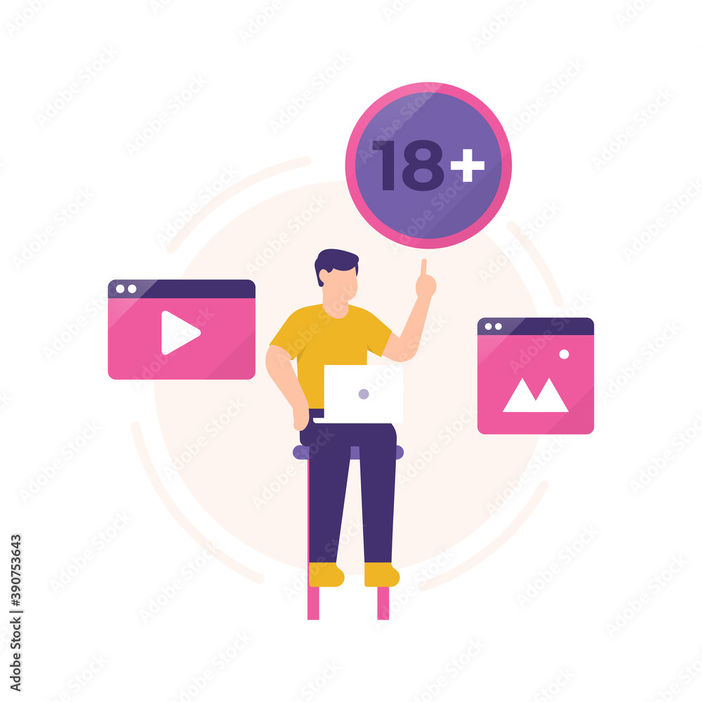 concept of adult sites or channels. access for 18+. illustration of man ...