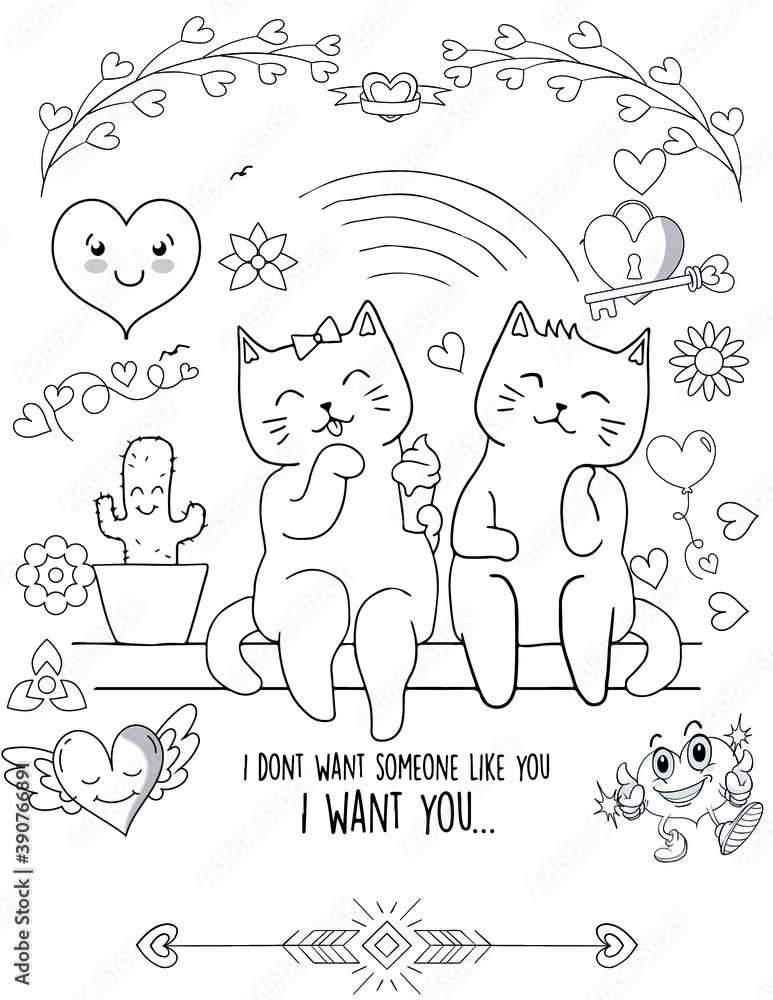 Coloring book page for Valentine's Day- Coloring page- Black and White ...