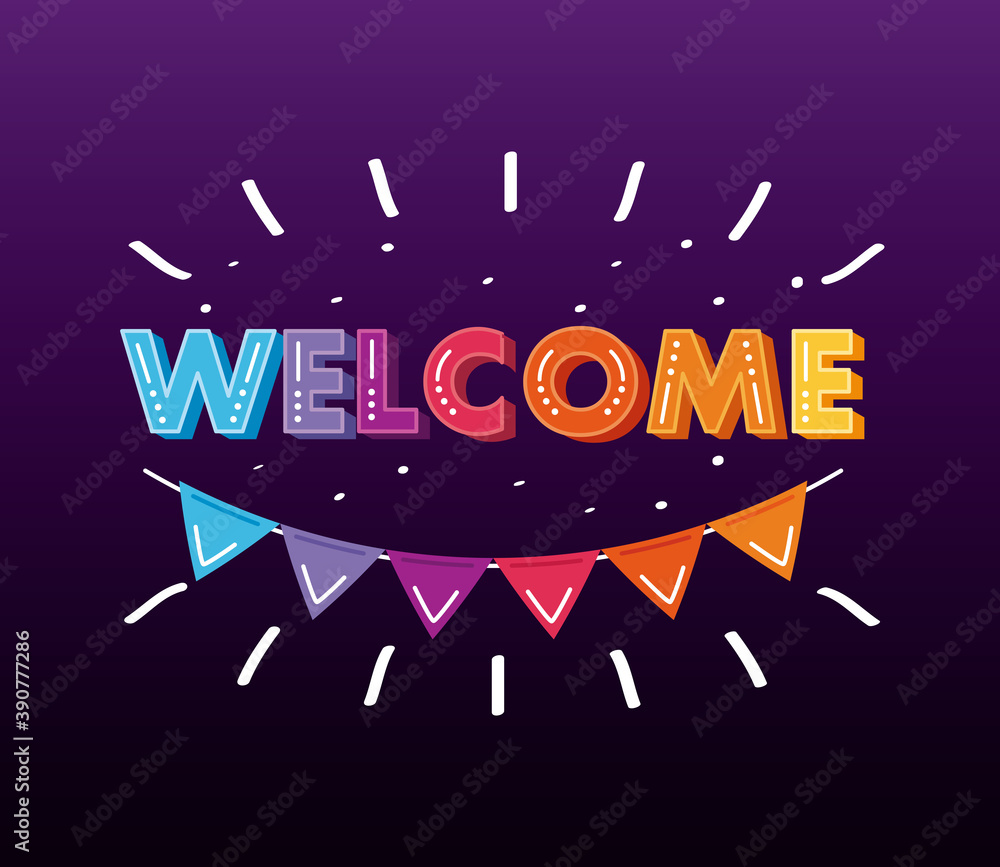welcome label lettering with garland hanging in purple background Stock ...