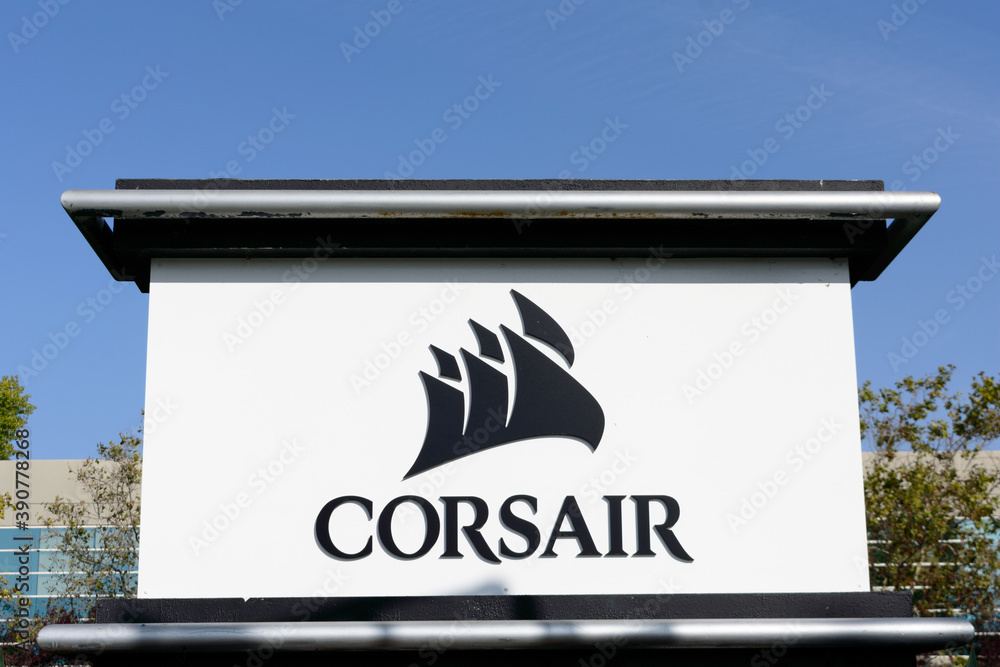 Corsair logo and sign at headquarters of computer hardware company ...