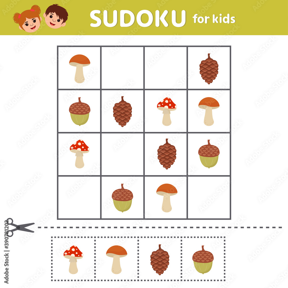 Education game for children. Sudoku with mushrooms, cone, acorn. Kids ...