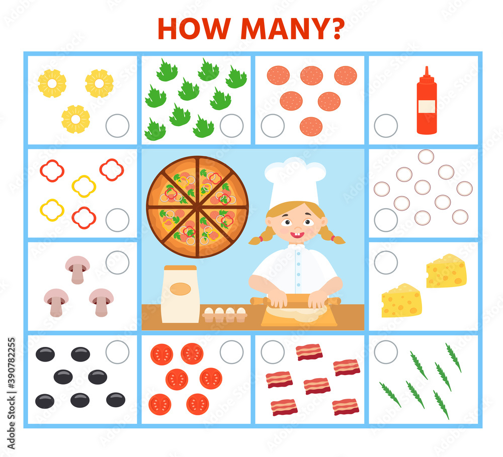 Math Education game for children.Count the ingredients in pizza. Kids ...