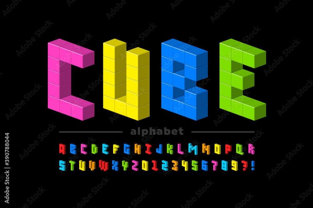 Plastic cubes font, childrens toys alphabet letters and numbers vector ...