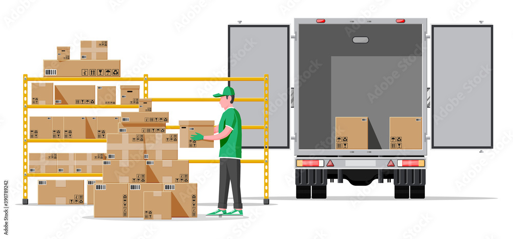 Warehouse shelves with goods, delivery truck, mover, container package ...