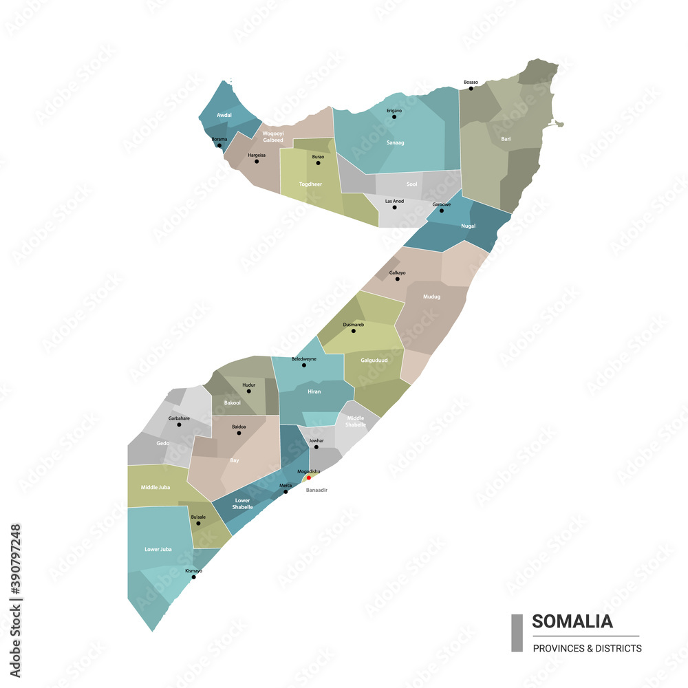 Somalia higt detailed map with subdivisions. Administrative map of ...