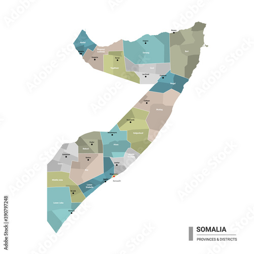 Somalia higt detailed map with subdivisions. Administrative map of ...