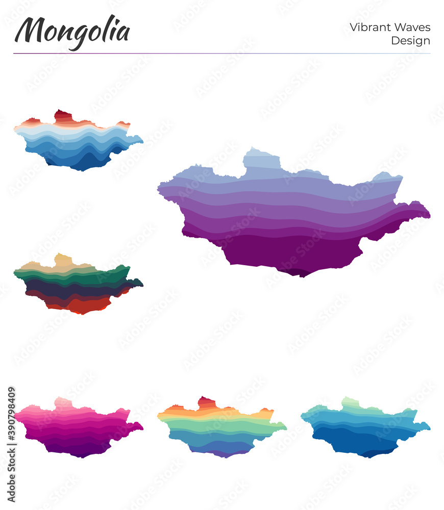 Set of vector maps of Mongolia. Vibrant waves design. Bright map of ...