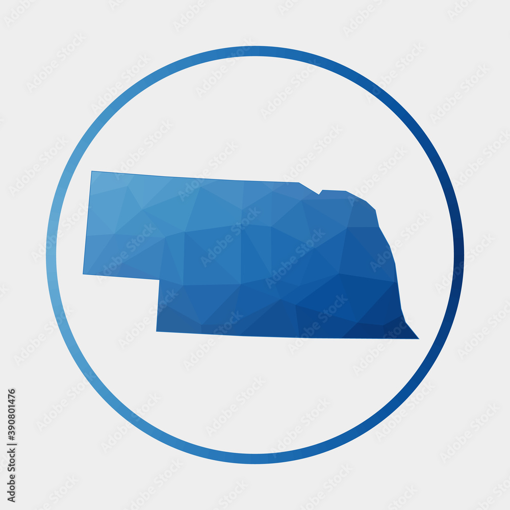Nebraska icon. Polygonal map of the us state in gradient ring. Round ...