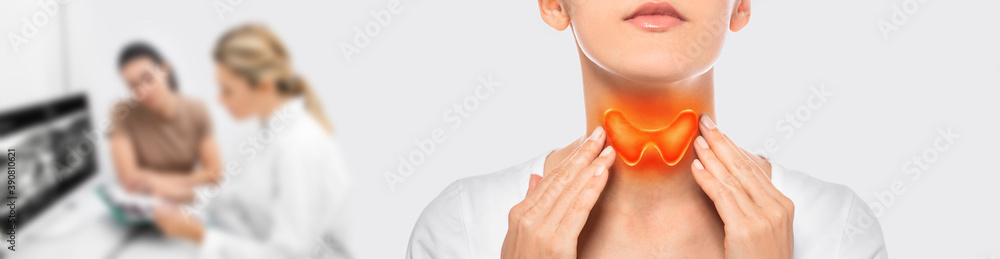 Woman palpation her neck, examine thyroid gland. Drawn virtual thyroid ...
