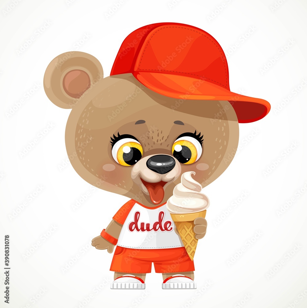 Cute cartoon teddy bear in a cap eating ice cream isolated on white ...