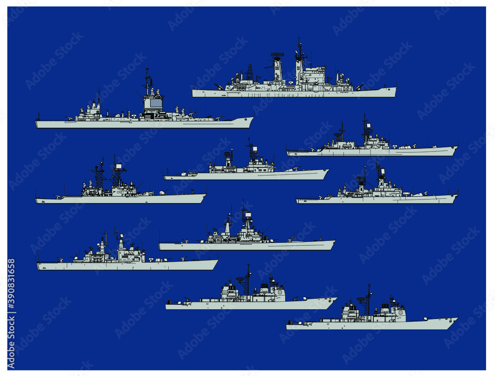 Set of silhouettes of us navy guided missile cruisers. Vector image for ...