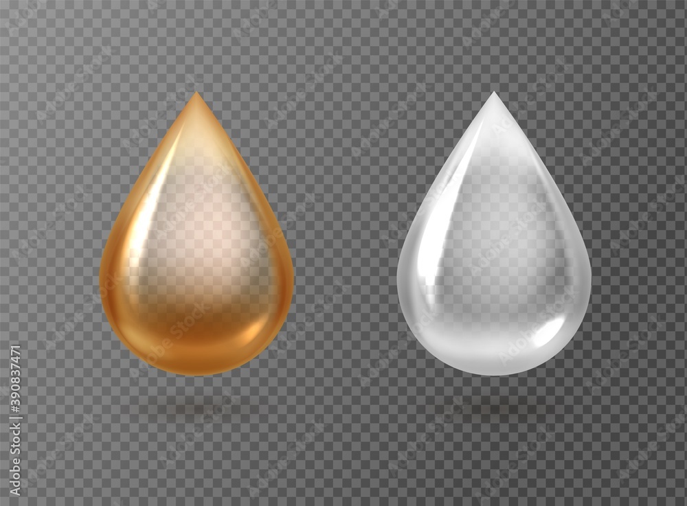 Realistic oil and cream drops. Golden and white droplets isolated on ...