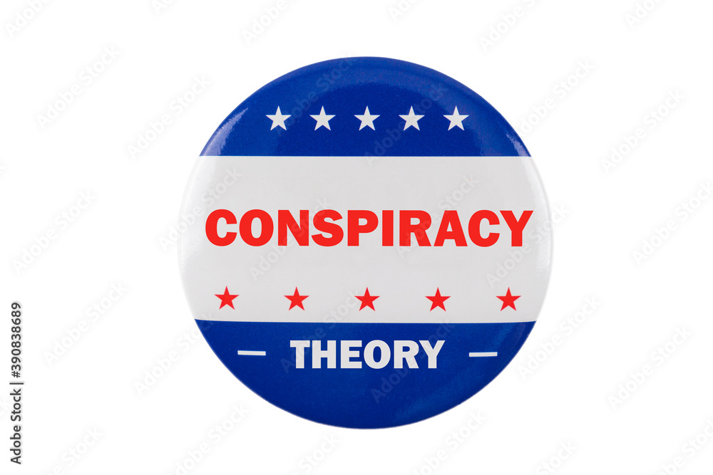 conspiracy theory text on pin isolated on white background to simulate ...