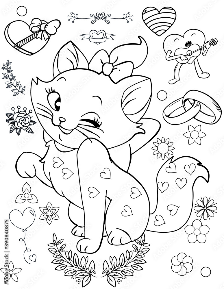 Coloring book page for Valentine's Day- Coloring page- Black and White ...