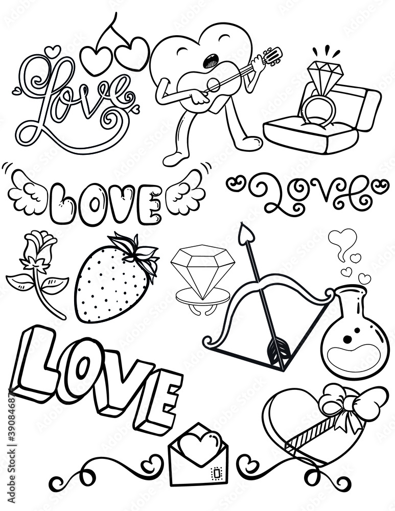 Coloring book page for Valentine's Day- Coloring page- Black and White ...