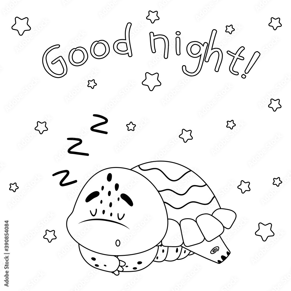 Cute black and white cartoon character. The turtle lies and sleeps ...