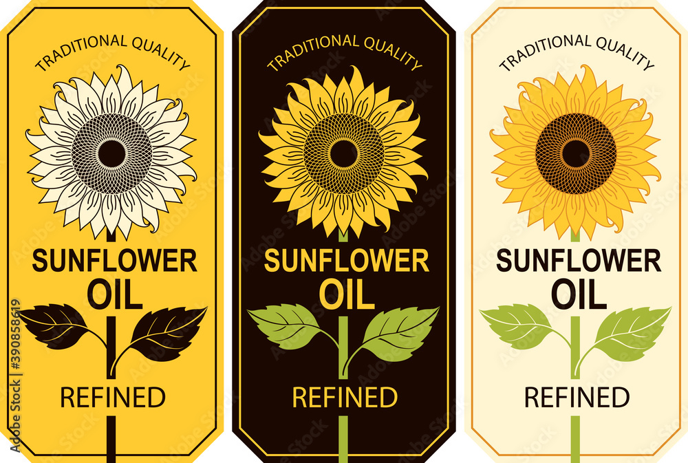 Set of three labels for refined sunflower oil with a big sunflower ...