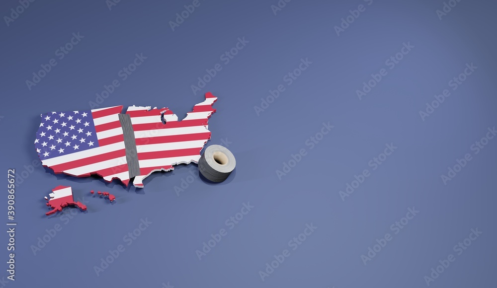 3d illustration of a cracked USA map glued together with duct tape, on ...