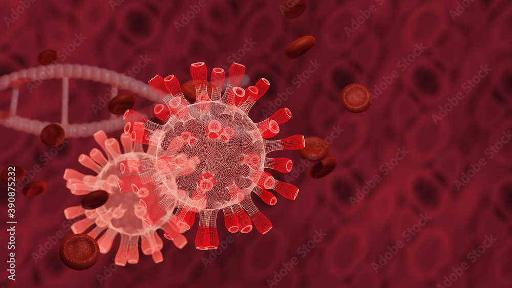 Corona virus and DNA structure Biology in blood background, Microscope ...