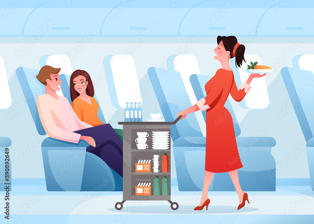 Hospitality service in airplane, cartoon stewardess working, serving ...
