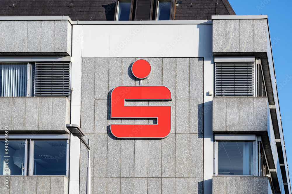 Ratzeburg, Germany, November 7, 2020: Red logo sign of the Sparkasse ...